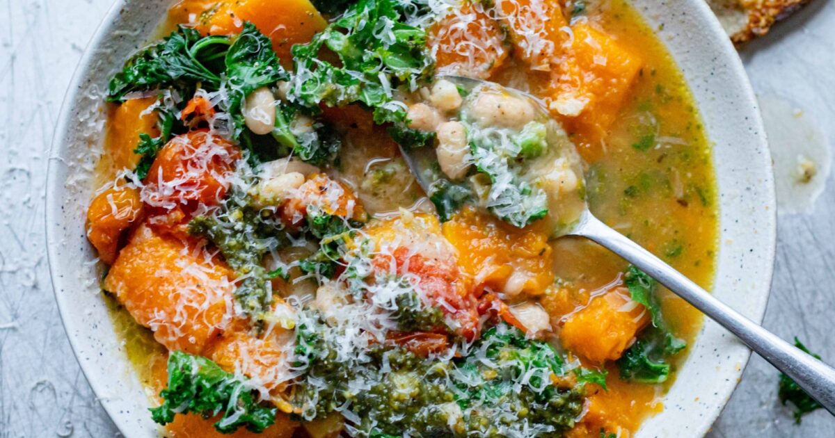 Chunky Vegetable Soup With Squash, Kale & Parmesan Croutons | Mob