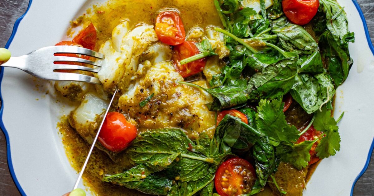 Grilled Cod in Green Curry Butter with Herby Tomatoes & Garlic… | Mob