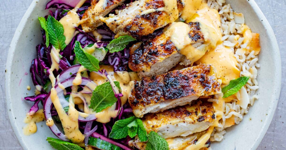 Lime Pickle Chicken & Coconutty Rice Salad with Mango Dressing | Mob