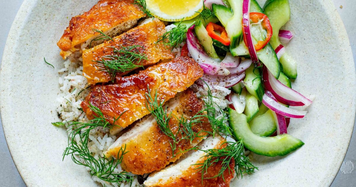 Pan-Roasted Chicken Thighs with Herby Rice & Pickled Salad | Mob