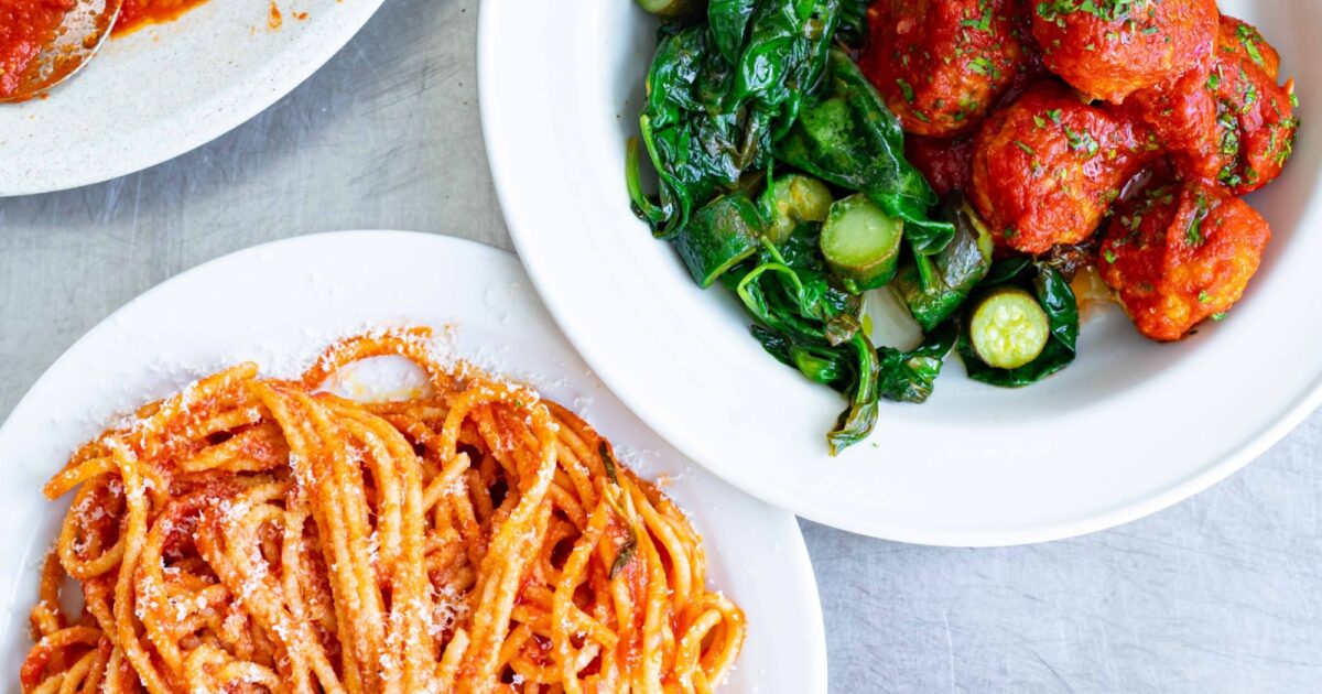 Mob — Tomato-Braised Chicken Meatballs & Spaghetti