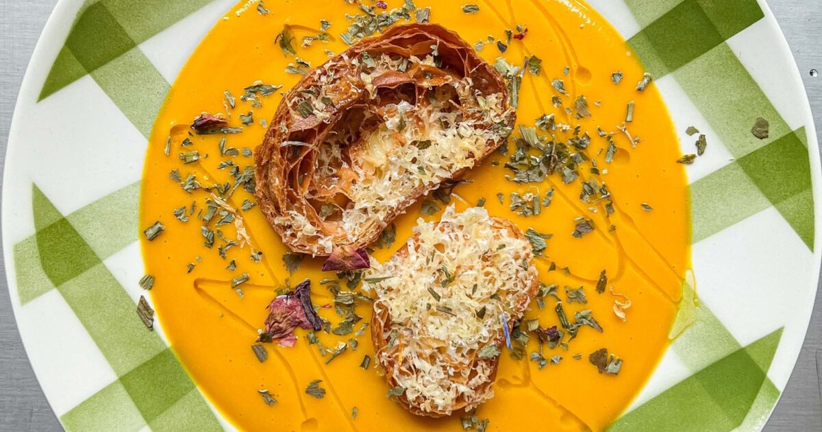 Butternut Squash Soup with Croissant Croutons Recipe | Mob