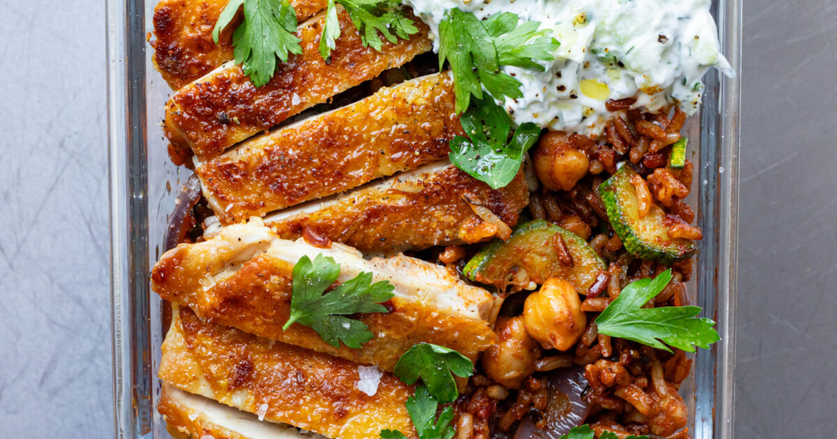 Crispy Chicken, Brown Rice, Chickpeas & Tzatziki Recipe | Mob