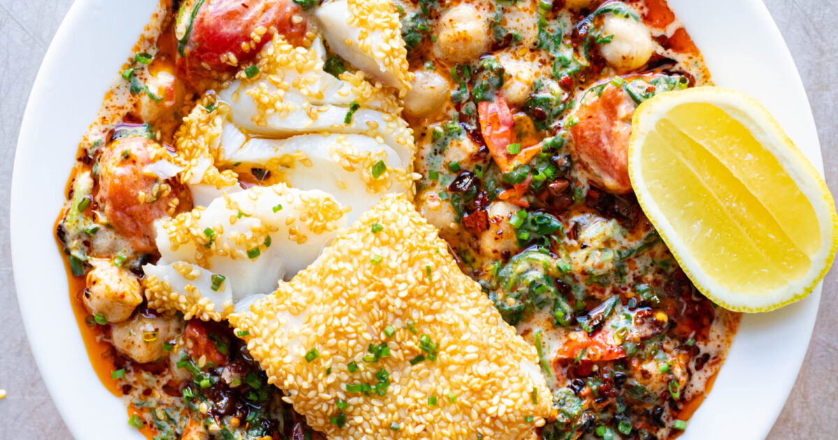Sesame Crusted Cod & Creamy Chilli Chickpeas | Mob