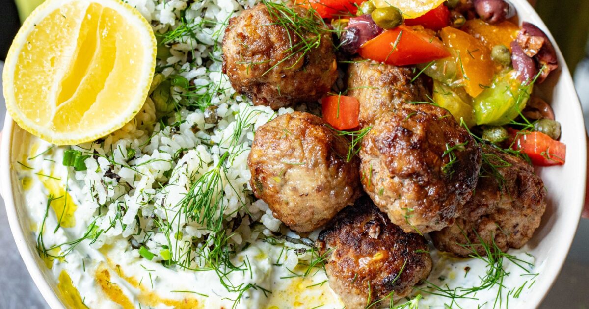 Keftedes with Herbed Rice, Tzatziki & Tomato Salad | Mob