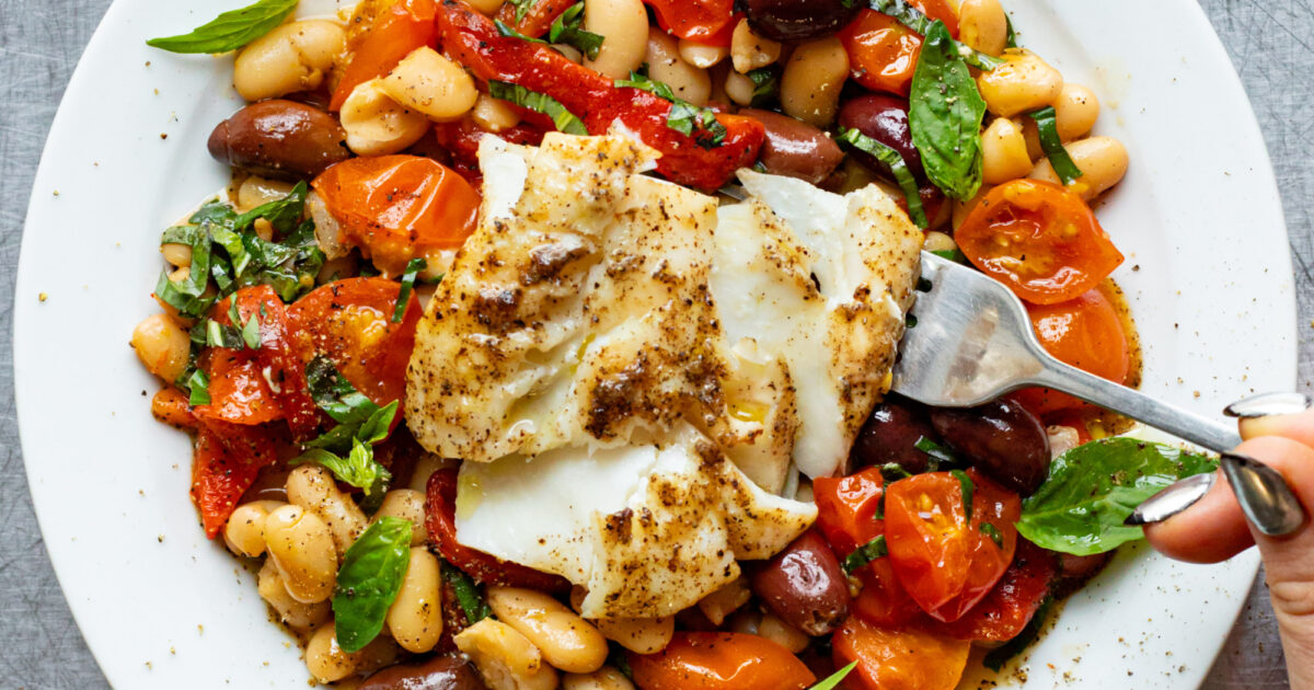 Cod with Burst Tomatoey White Beans & Basil | Mob