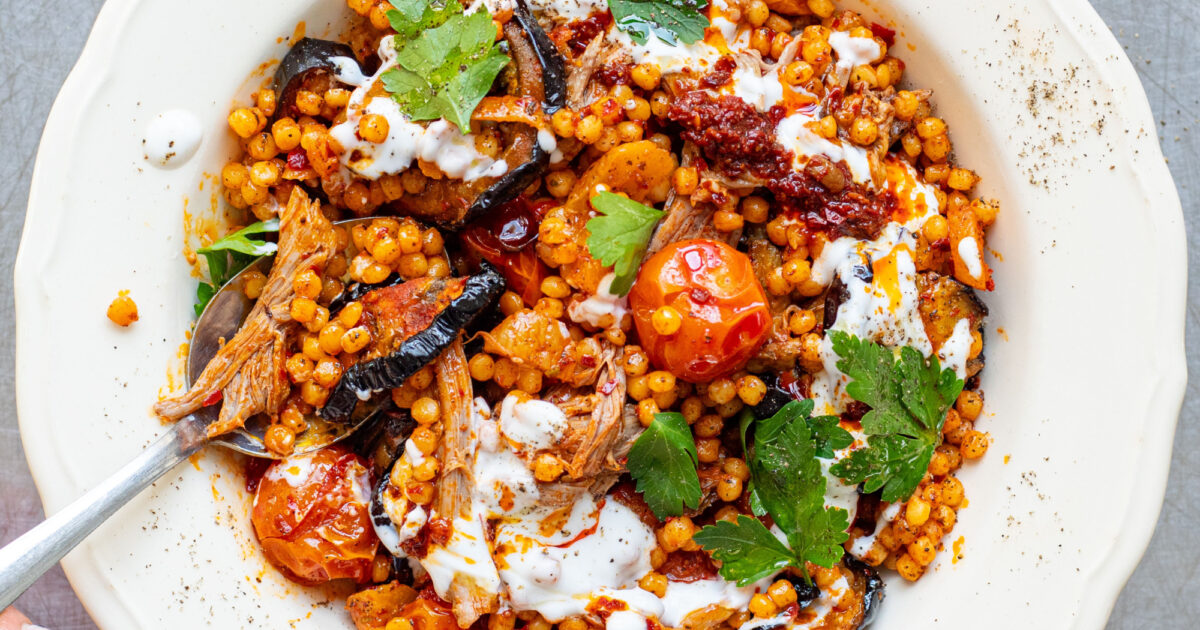 Harissa Roast Lamb & Sticky Aubergine Cous Cous | Mob