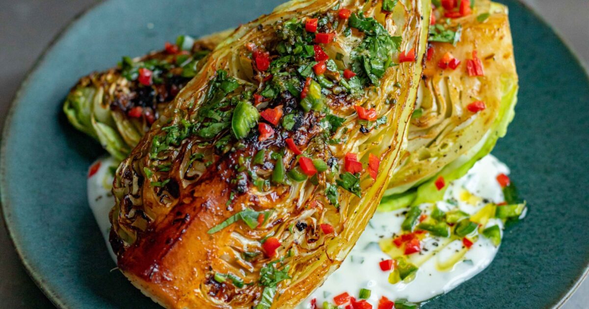 Charred Hispi Cabbage with Honey Vinegar and Herby Yoghurt | Mob